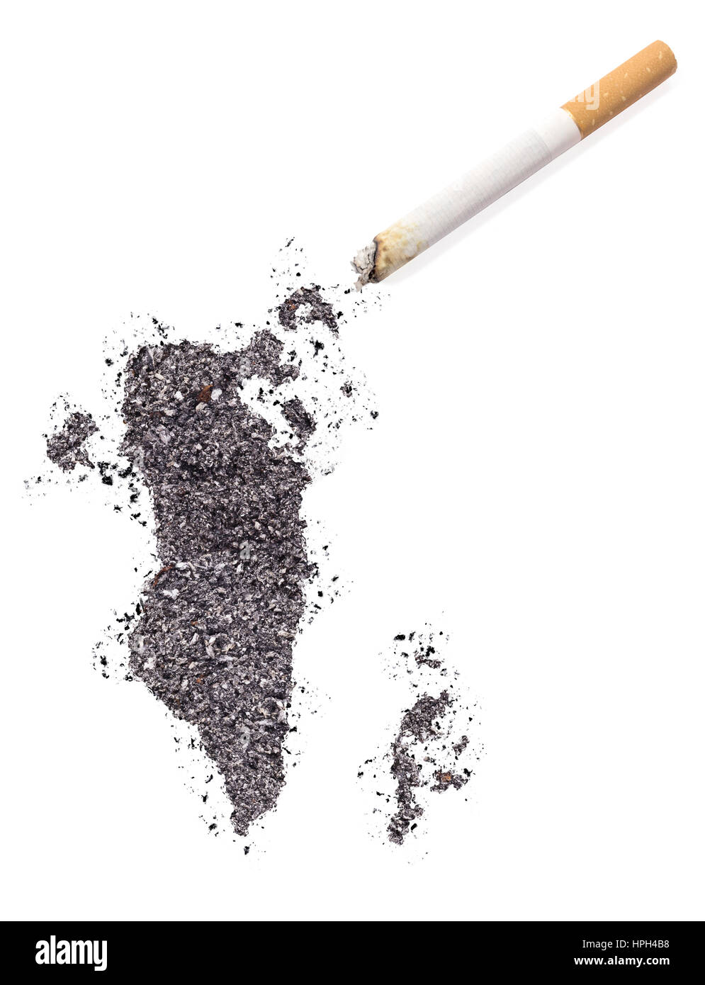 The country shape of Bahrain made of tobacco ash and a cigarette ...
