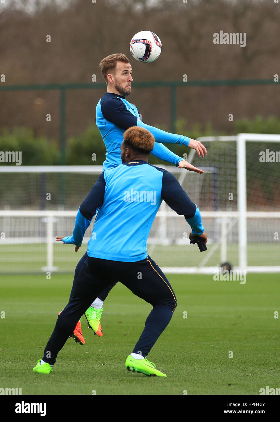 Tottenham Hotspur's Harry Kane (top) during the training session at ...
