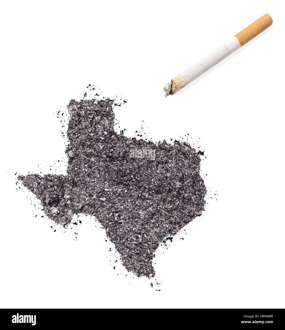 The country shape of Texas made of tobacco ash and a cigarette.(series ...