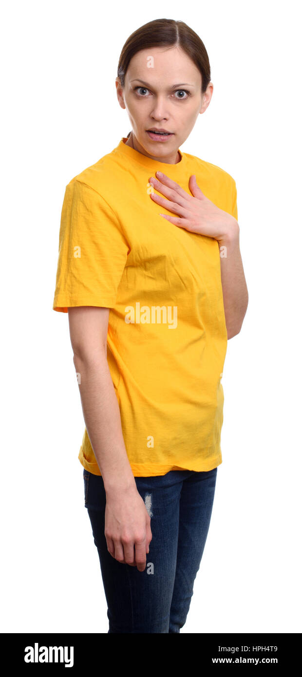 Shocked Casual Woman In Yellow T Shirt Isolated Over White Background