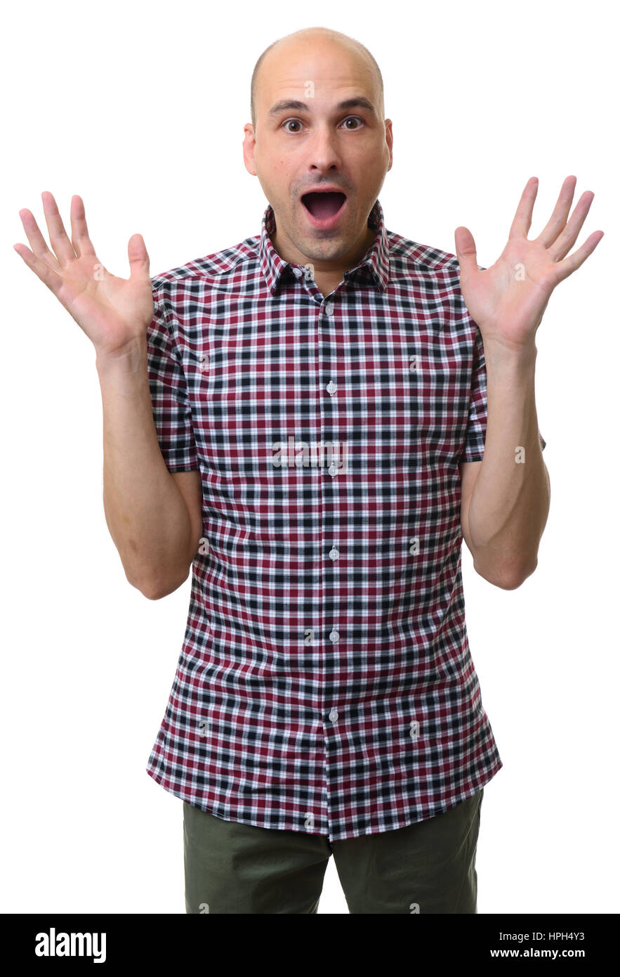 trendy surprised bald man isolated over white background Stock Photo ...