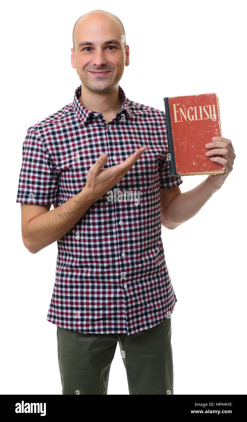 learning english. Smiling man holds a textbook. Isolated Stock Photo ...