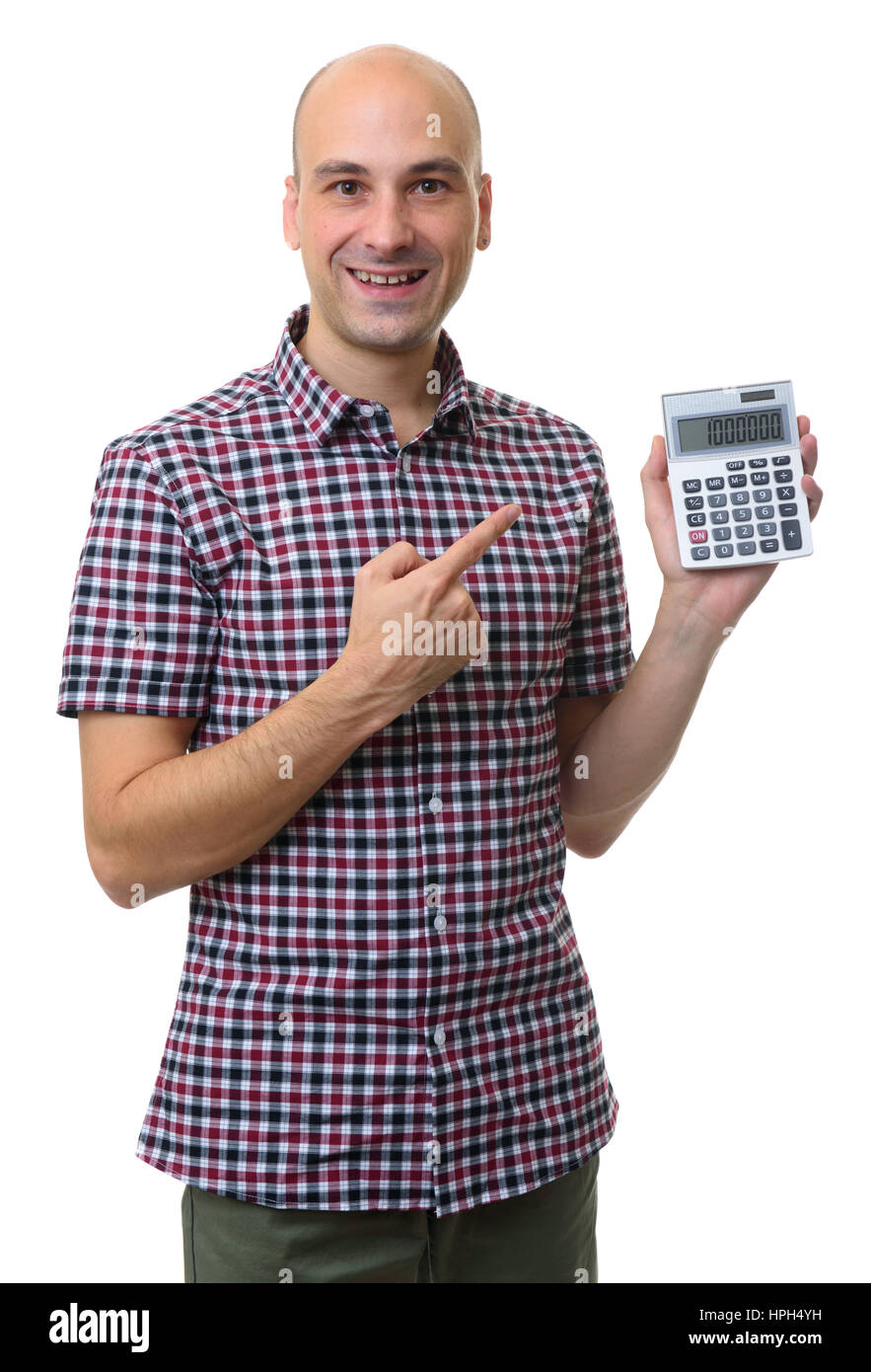 bald man holding calculator isolated on white background Stock Photo ...