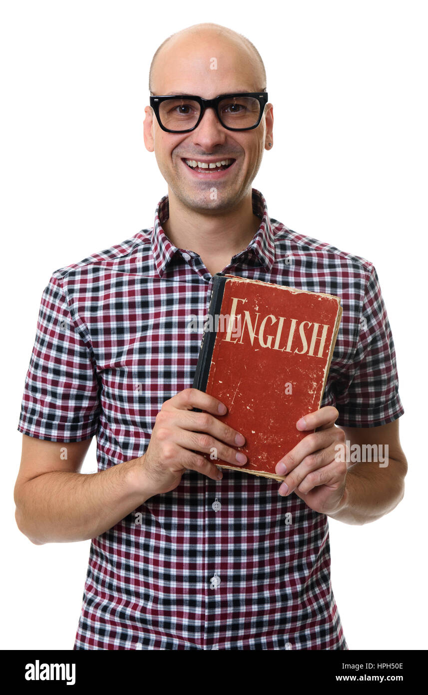 smiling man holding textbook isolated on white background. english ...