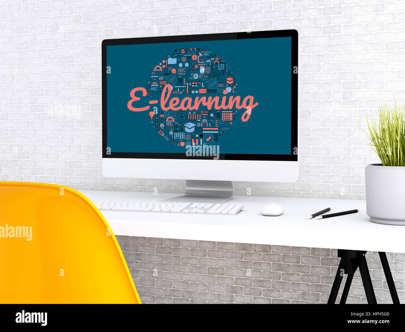 3D illustration. Modern workspace and computer. Online education ...