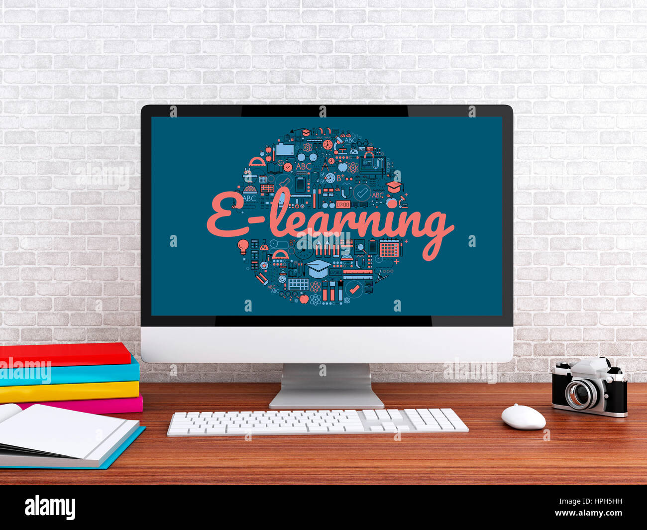 3D illustration. Modern workspace and computer. Online education ...