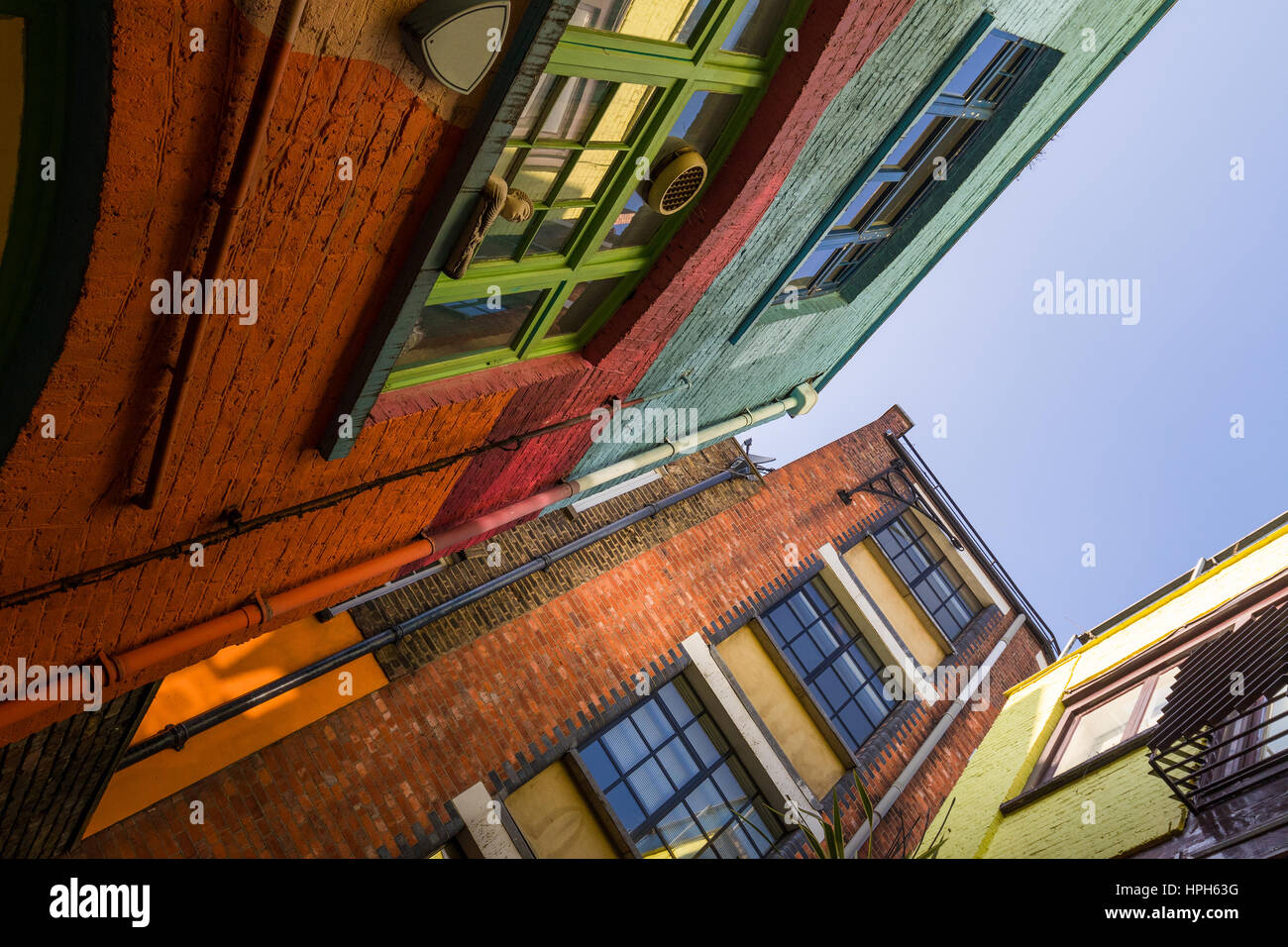 Corner in a very colorful building complex in london in a diagonal view ...