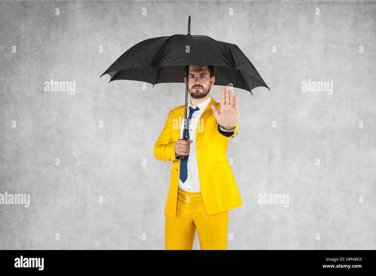 insurance agent performs gesture stop to the bad insurance Stock Photo ...