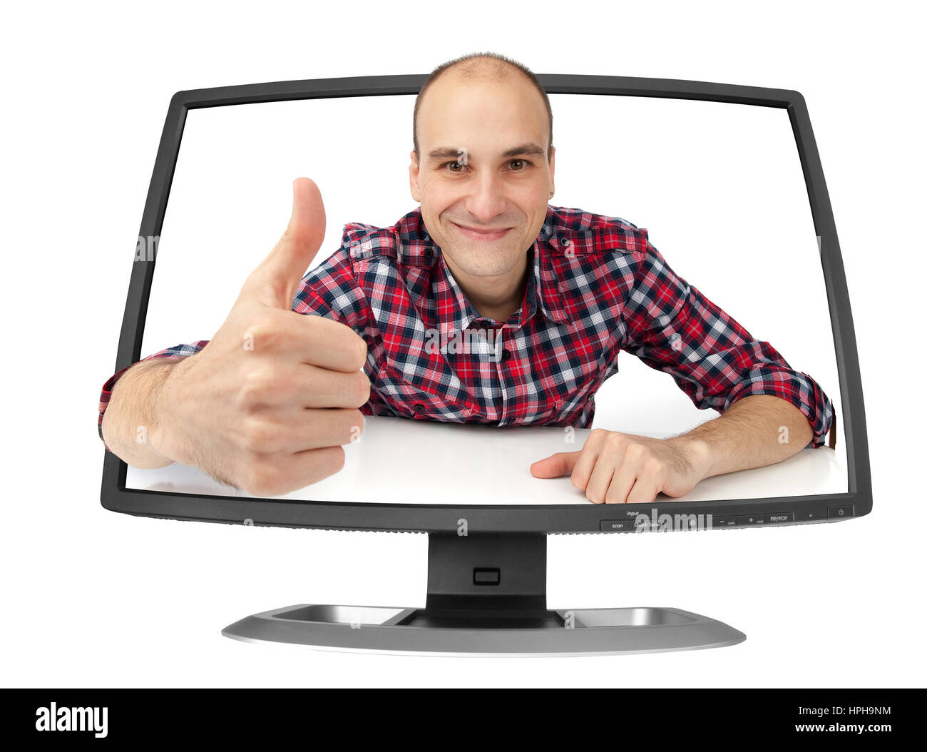 happy young man showing his thumb up in the computer monitor Stock ...