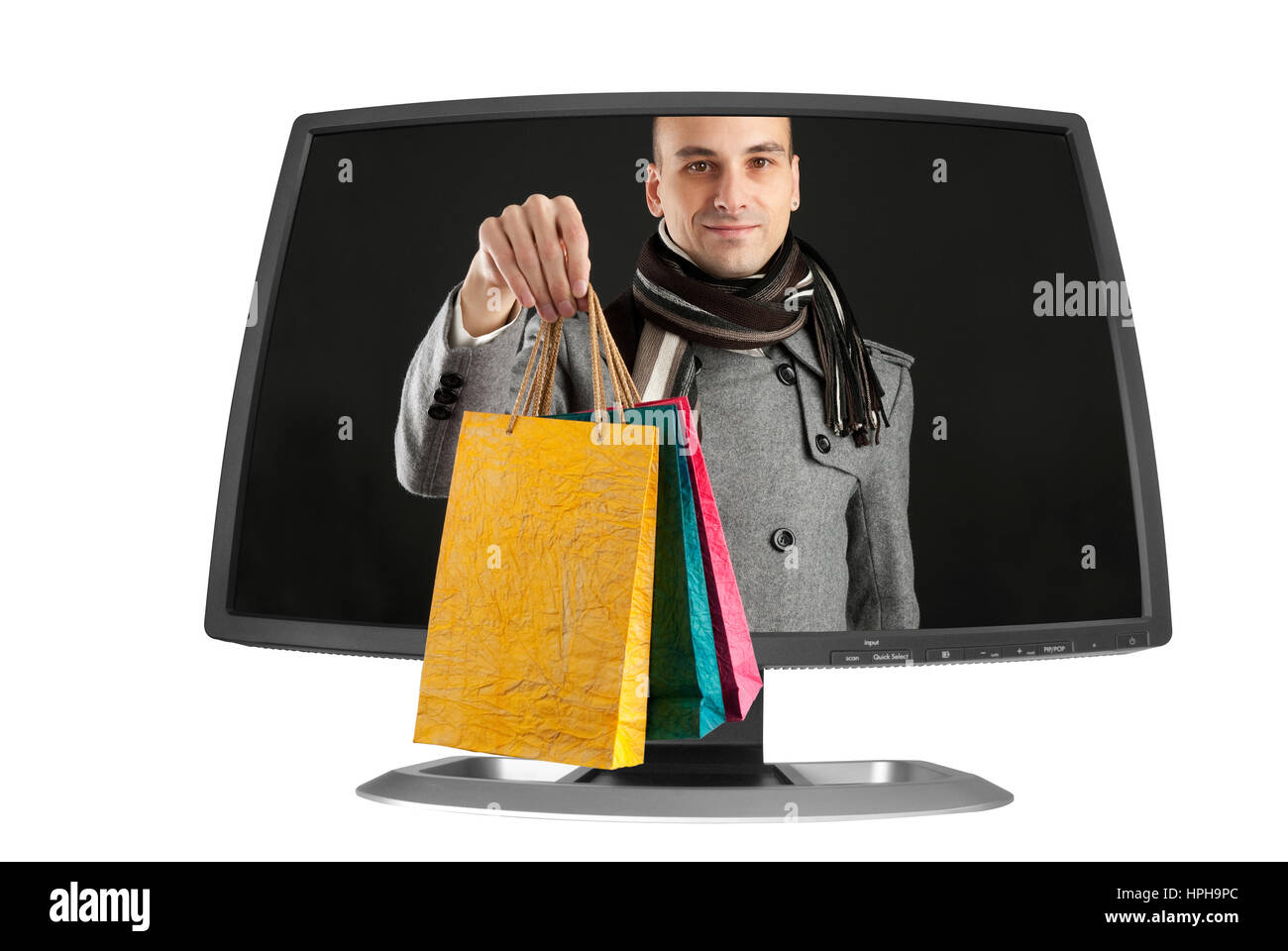 young man with paper bags in a computer monitor Stock Photo - Alamy