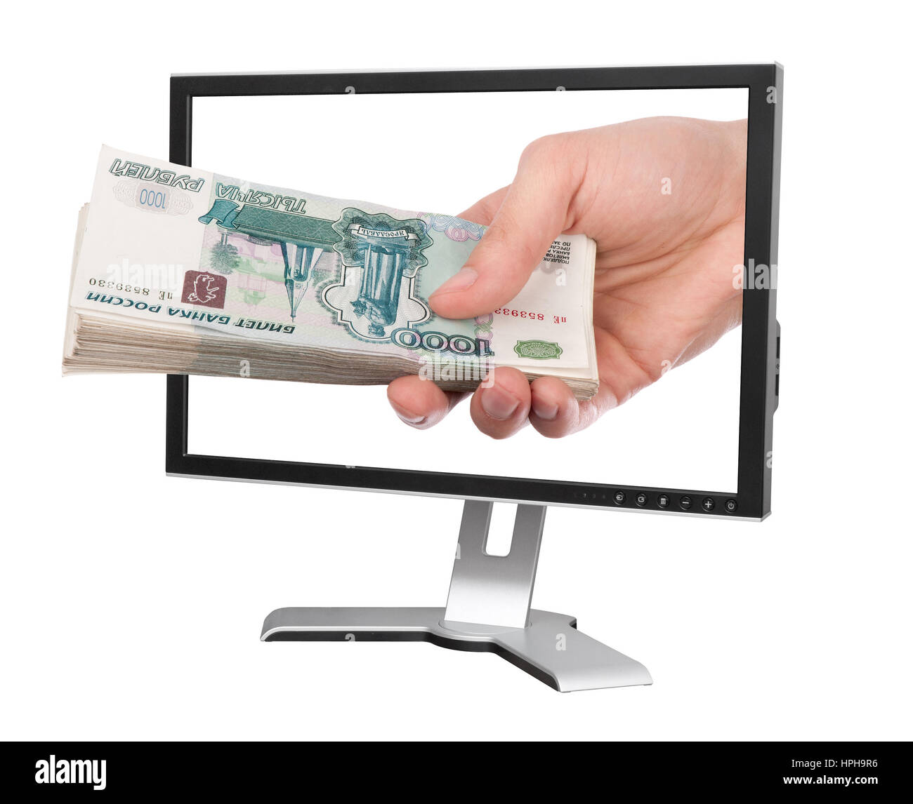 Hand with money and computer monitor isolated on white background Stock ...