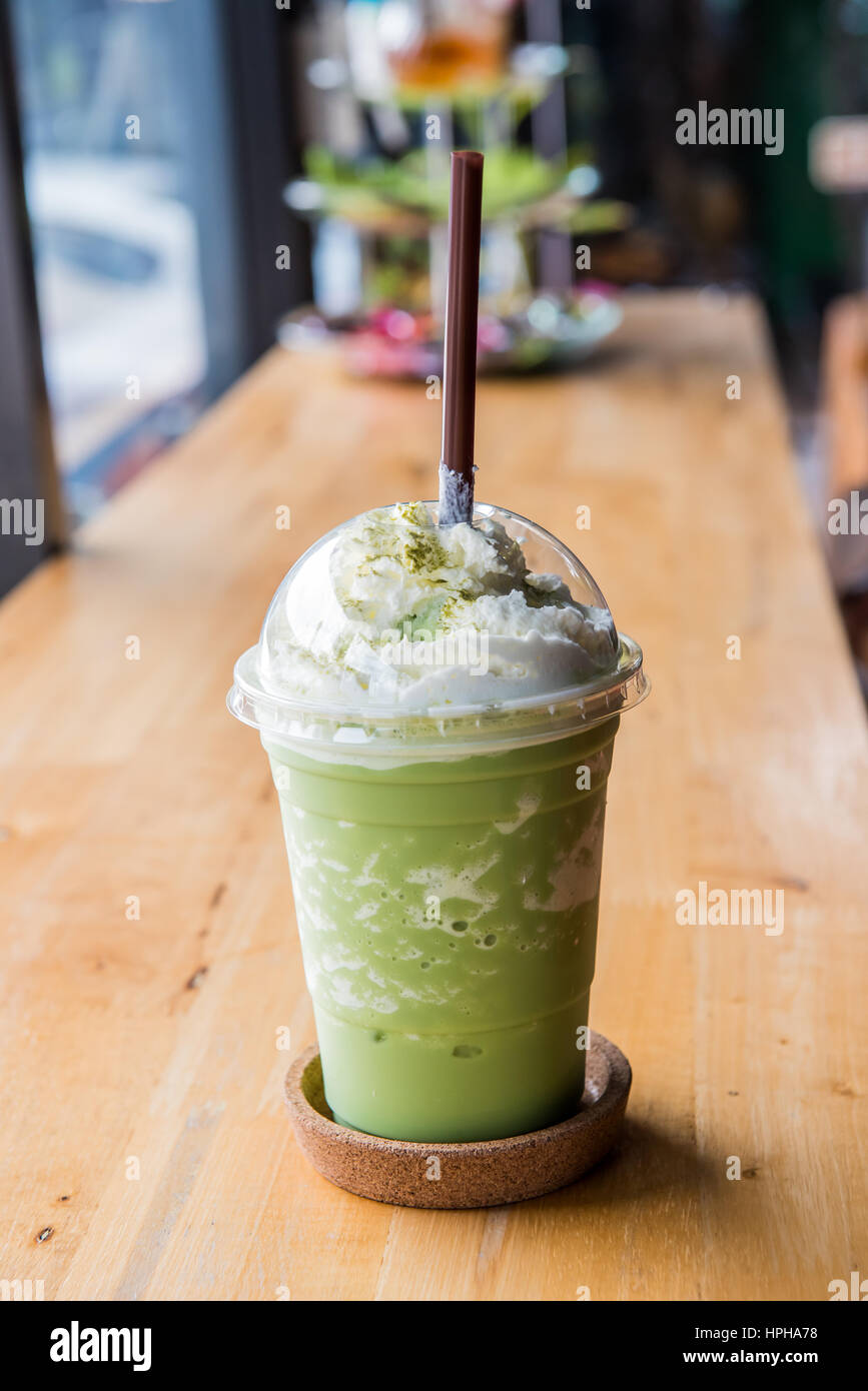 green tea frappe and blended on table Stock Photo - Alamy