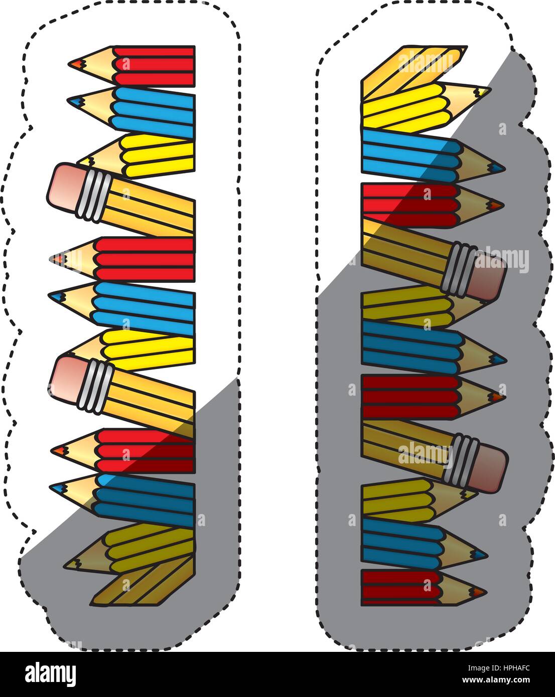 silhouette with two sticker with colored pencils row with half shadow ...
