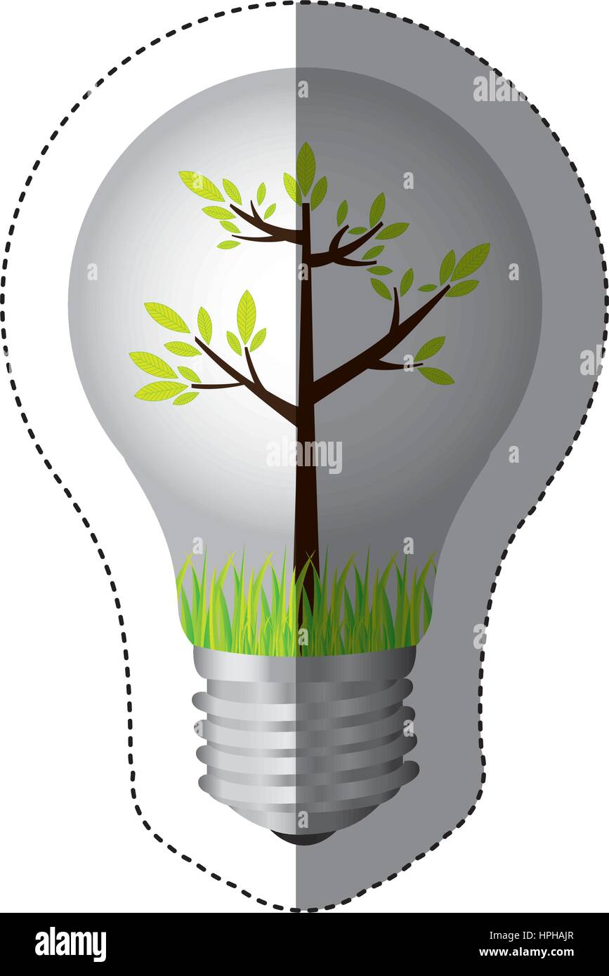 color sticker silhouette with bulb light and green tree growing vector ...