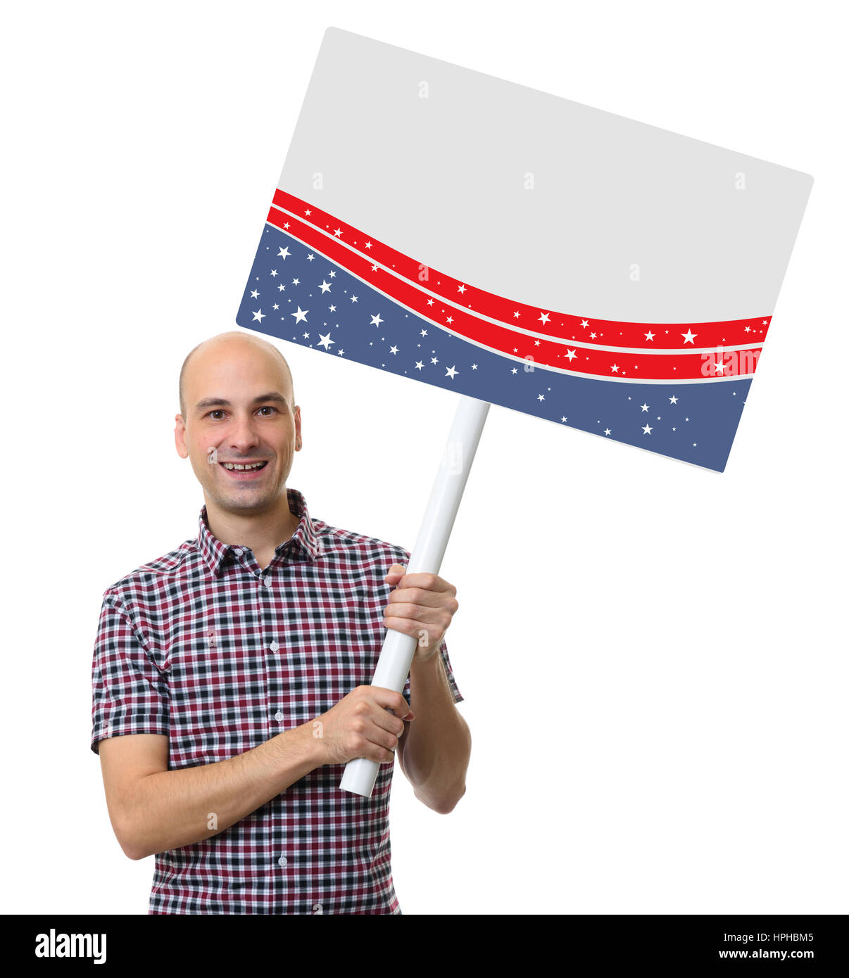 election rally concept. Smiling man holding blank poster. Isolated on ...