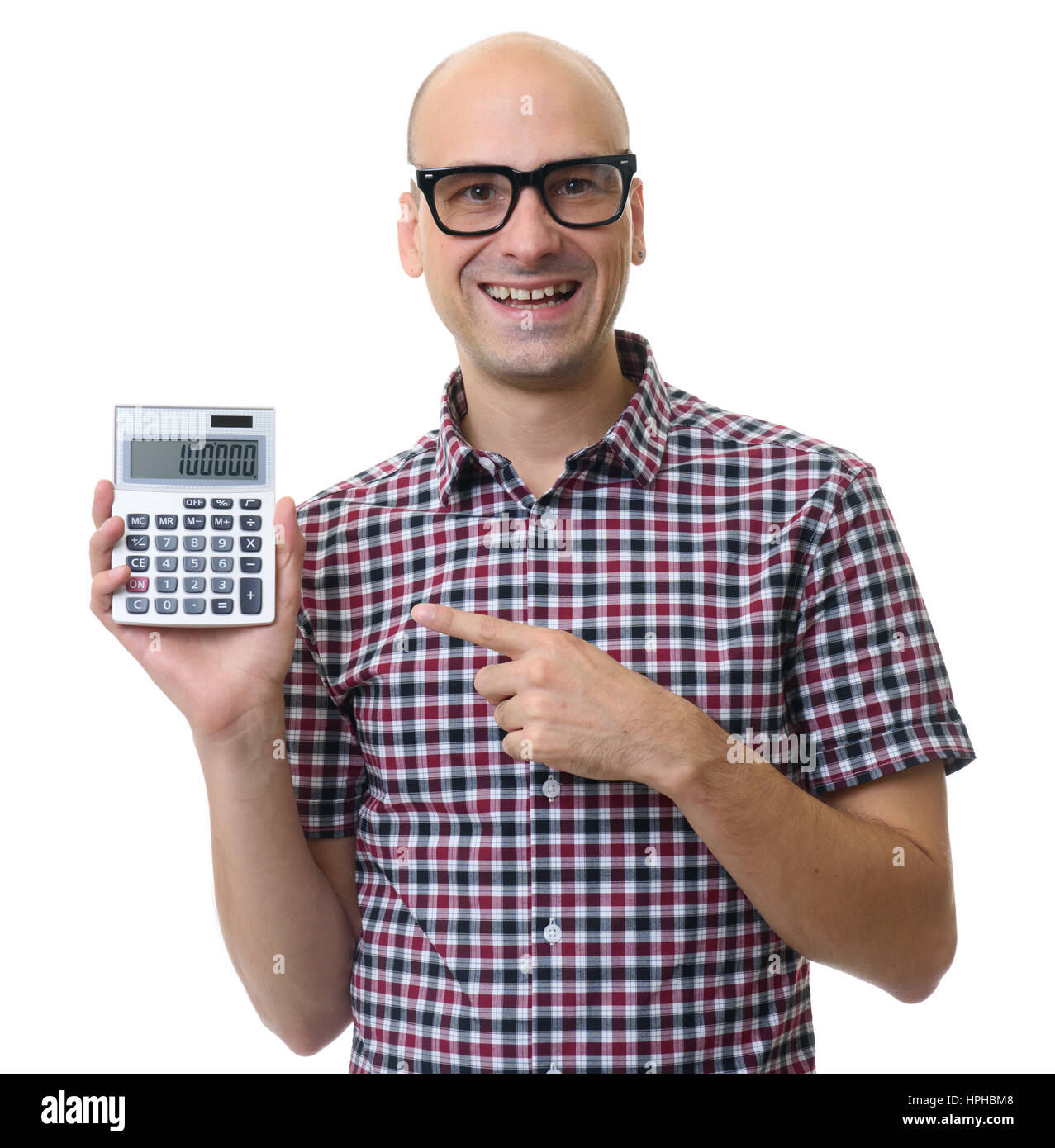 happy man holding calculator isolated on white background Stock Photo ...