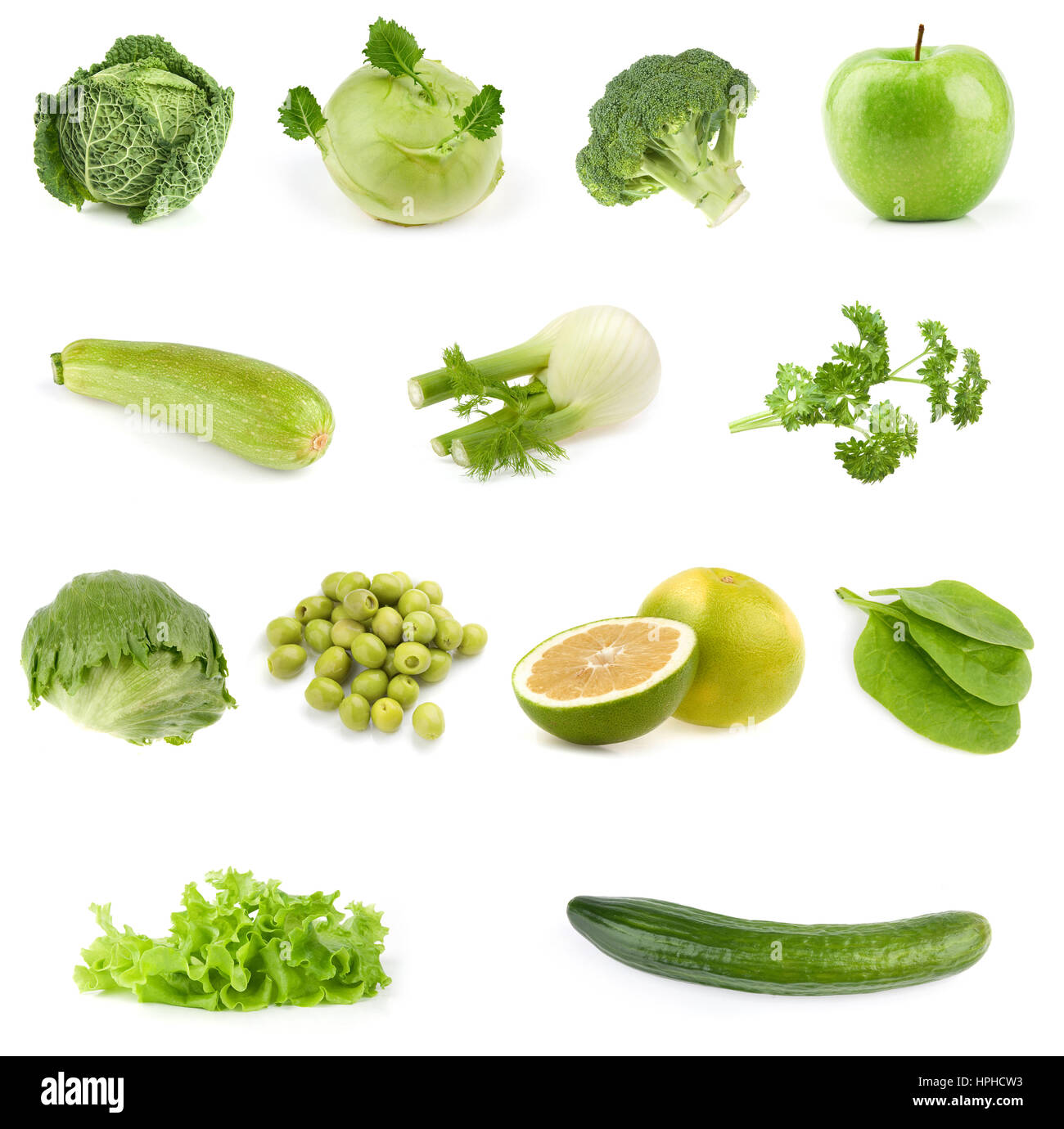 Food collection isolated on white background. All green Stock Photo - Alamy