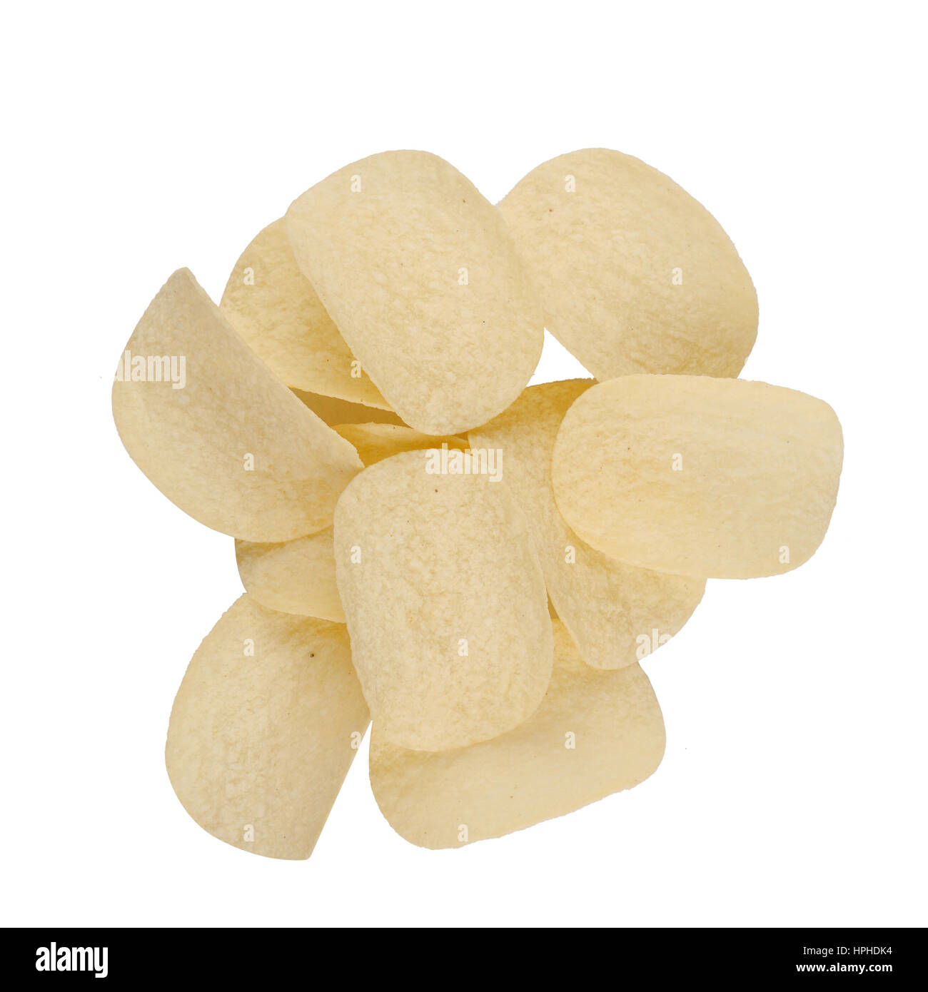 top view of round potato chips on top of each other isolated on white ...