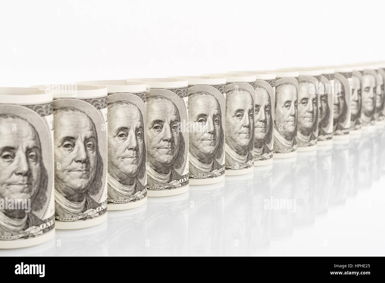 US $100 / hundred dollar bills or banknotes, showing Benjamin Franklin ...