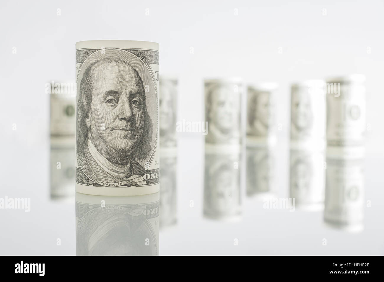 US $100 / hundred dollar bills or banknotes, showing Benjamin Franklin ...