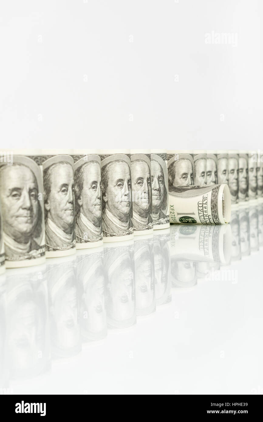 US $100 / hundred dollar bills or banknotes, showing Benjamin Franklin ...