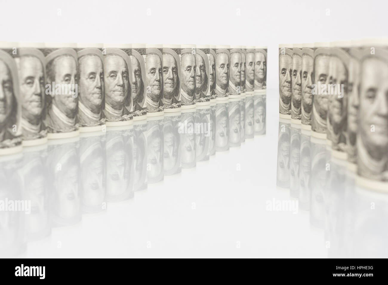 US $100 / hundred dollar bills or banknotes, showing Benjamin Franklin ...