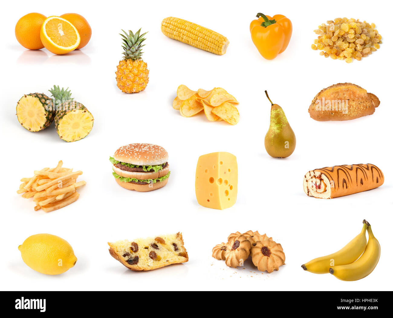 All yellow. Food collection isolated on white Stock Photo - Alamy