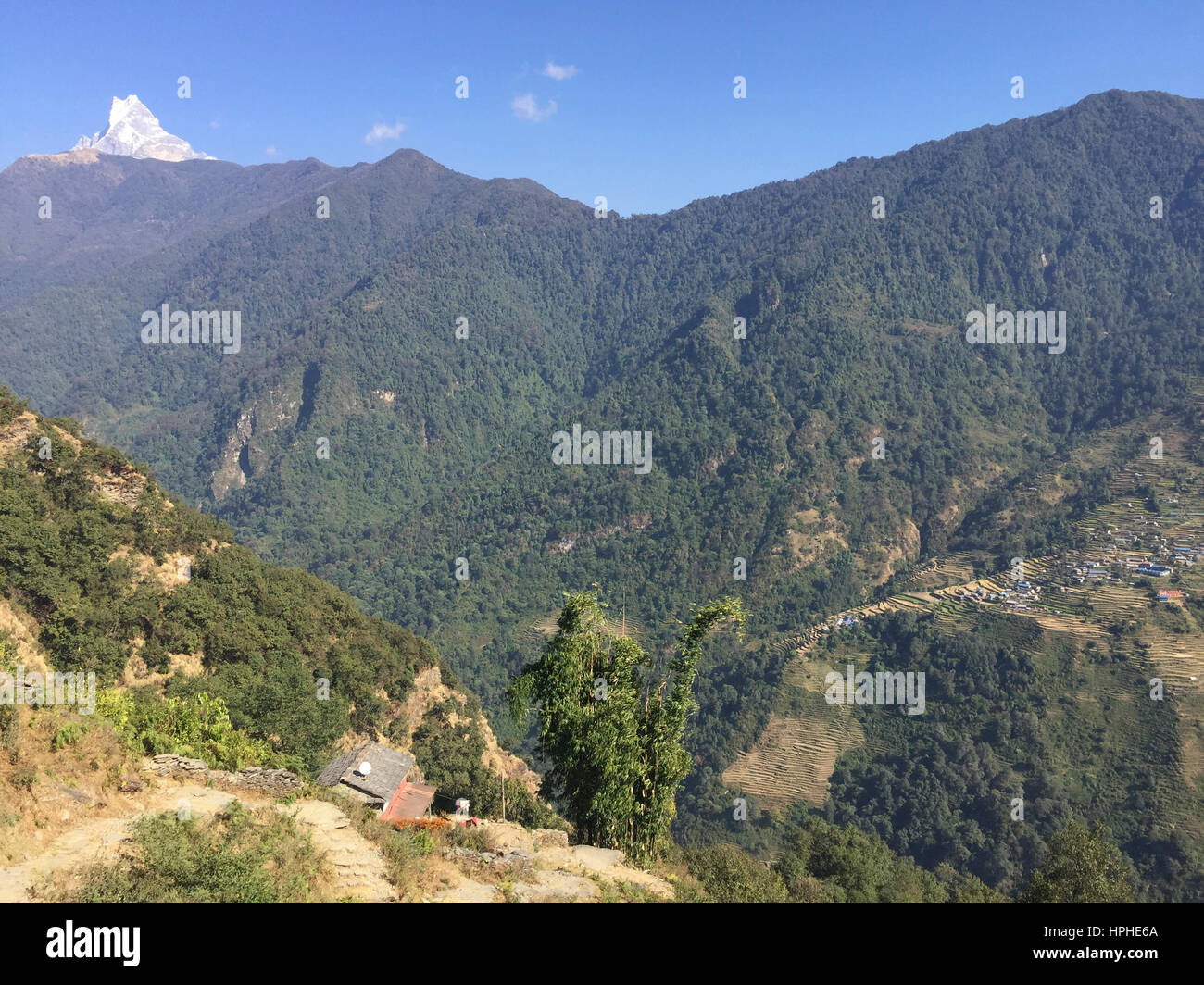 Machhapuchhare Fishtail mountain and Annapurna Himalaya Nepal range ...