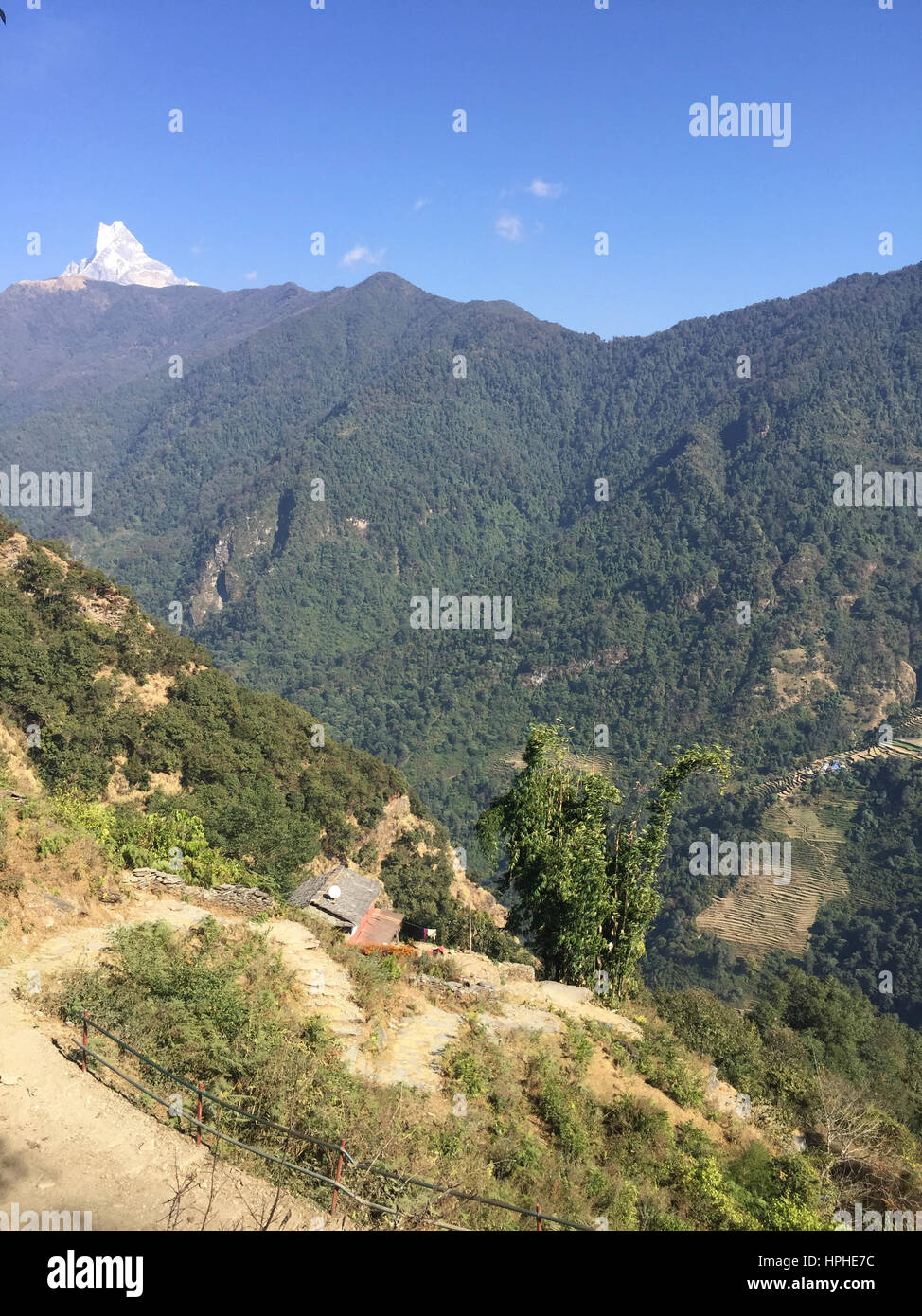Machhapuchhare Fishtail mountain and Annapurna Himalaya Nepal range ...