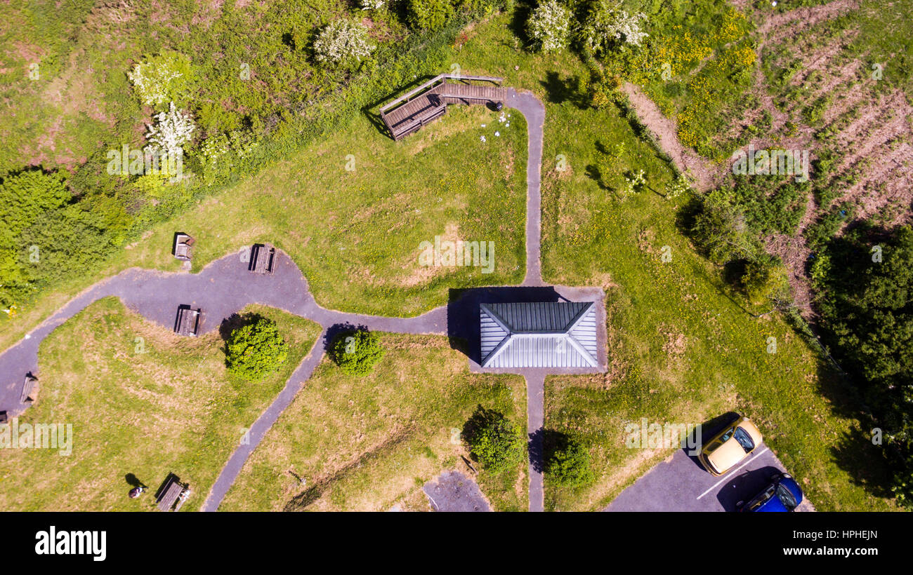 An aerial view of a rural park with benches and a car park Stock Photo ...
