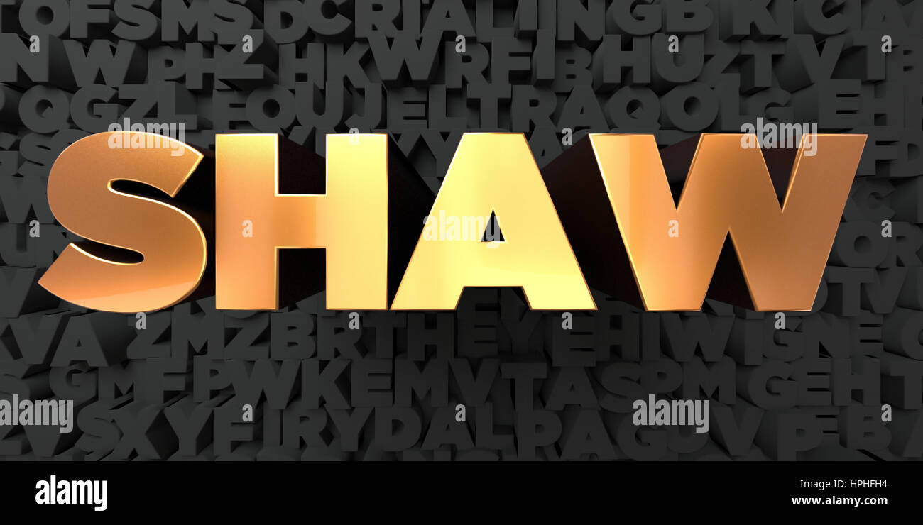 Shaw - Gold text on black background - 3D rendered royalty free stock ...
