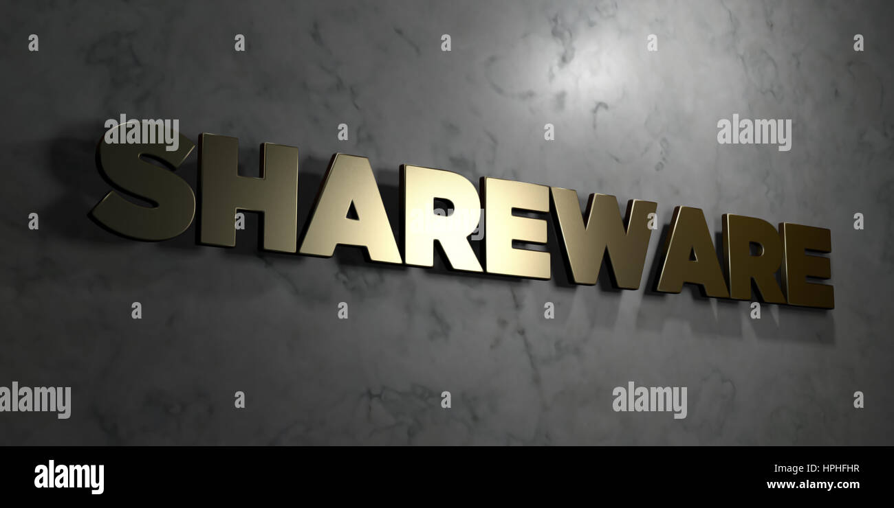 Shareware - Gold text on black background - 3D rendered royalty free ...