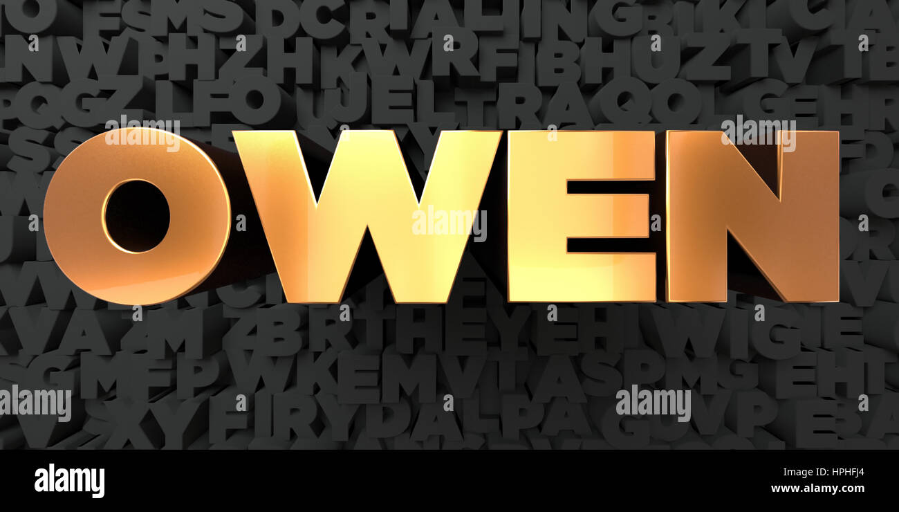 Owen - Gold text on black background - 3D rendered royalty free stock ...