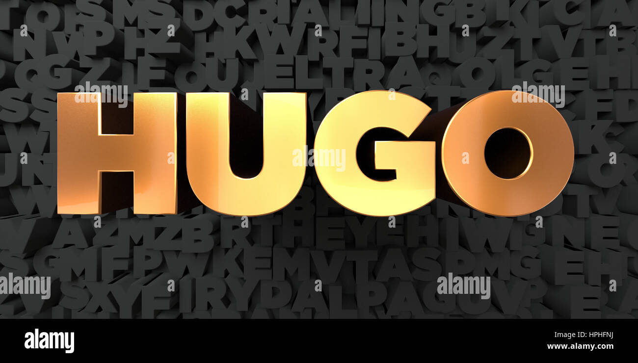 Hugo - Gold text on black background - 3D rendered royalty free stock ...