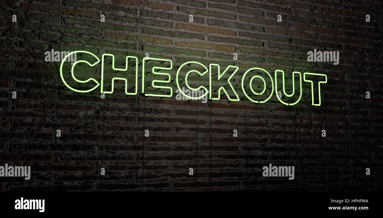 CHECKOUT -Realistic Neon Sign on Brick Wall background - 3D rendered ...