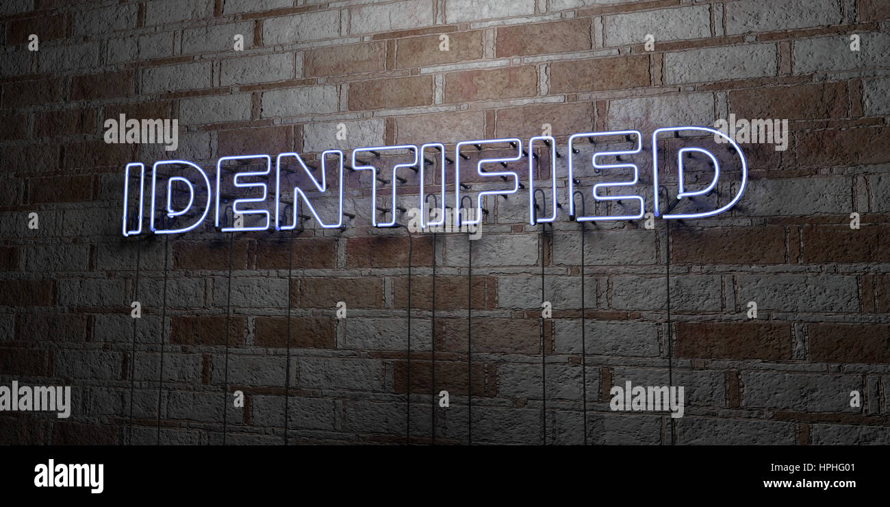 IDENTIFIED - Glowing Neon Sign on stonework wall - 3D rendered royalty ...