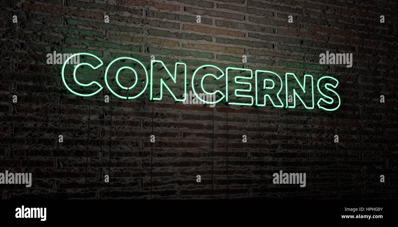 CONCERNS -Realistic Neon Sign on Brick Wall background - 3D rendered ...