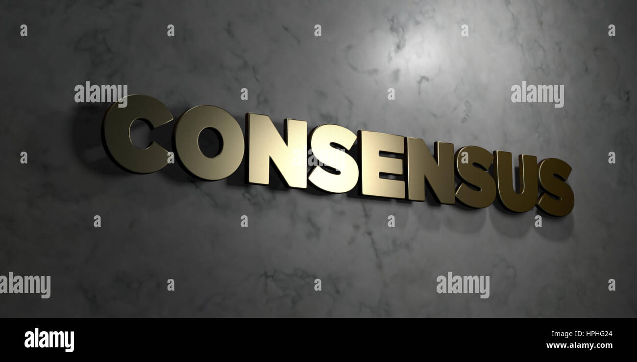 Consensus - Gold text on black background - 3D rendered royalty free ...