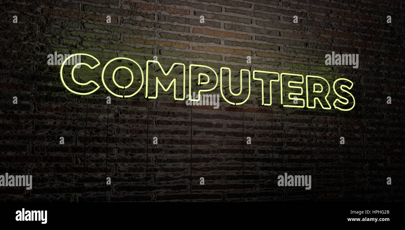 COMPUTERS -Realistic Neon Sign on Brick Wall background - 3D rendered ...