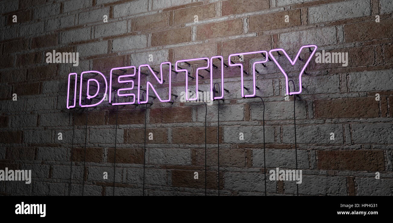 IDENTITY - Glowing Neon Sign on stonework wall - 3D rendered royalty ...
