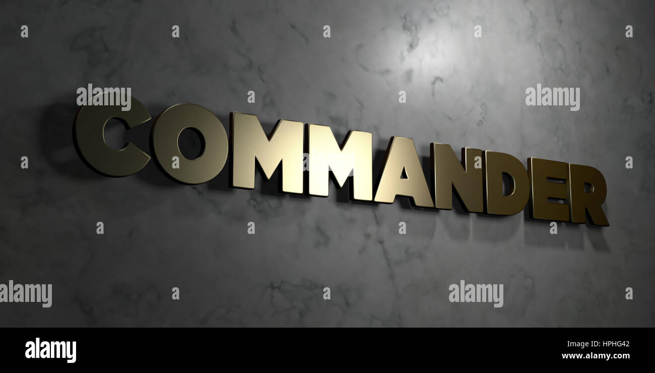 Commander - Gold text on black background - 3D rendered royalty free ...
