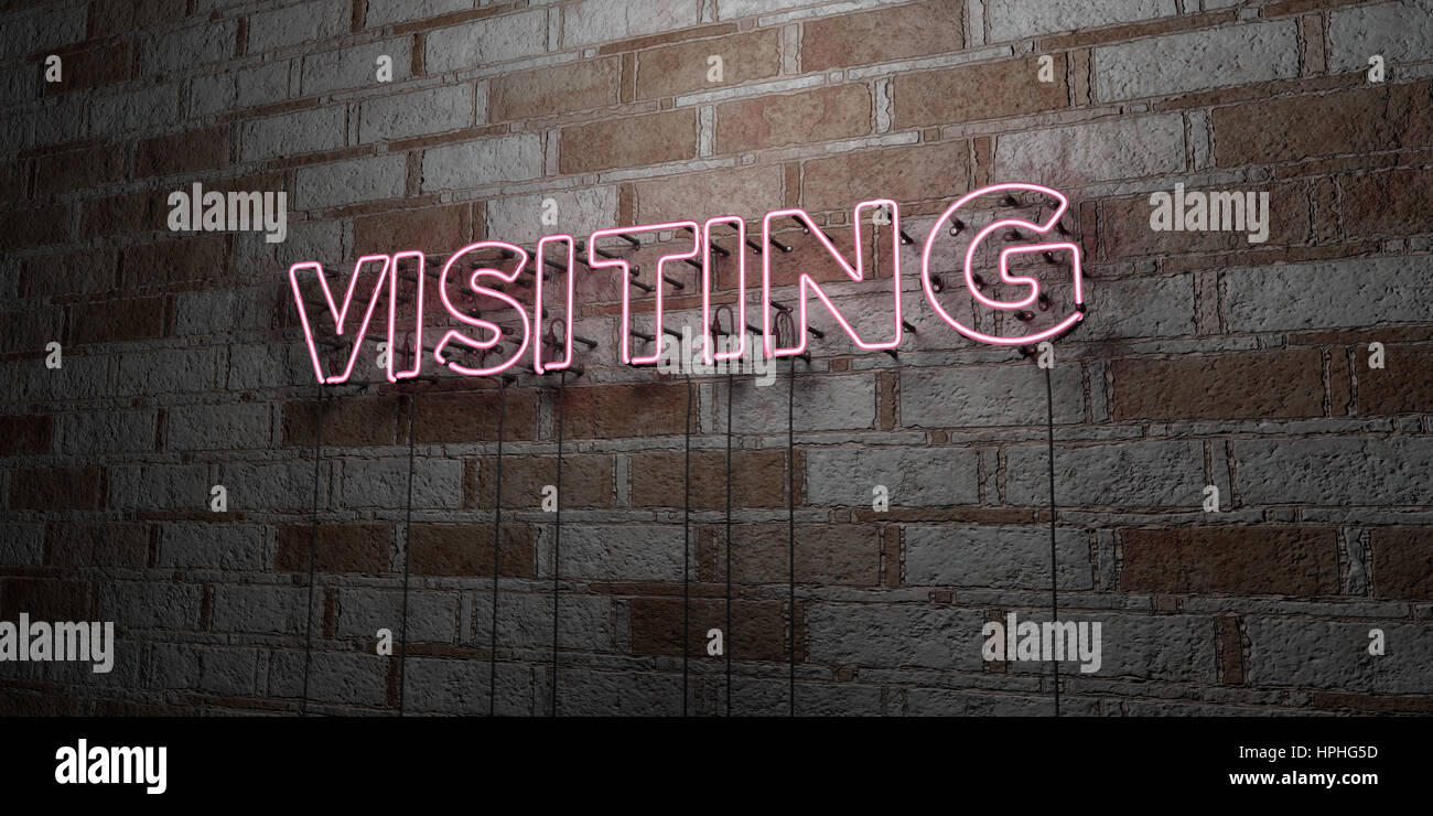 VISITING - Glowing Neon Sign on stonework wall - 3D rendered royalty ...