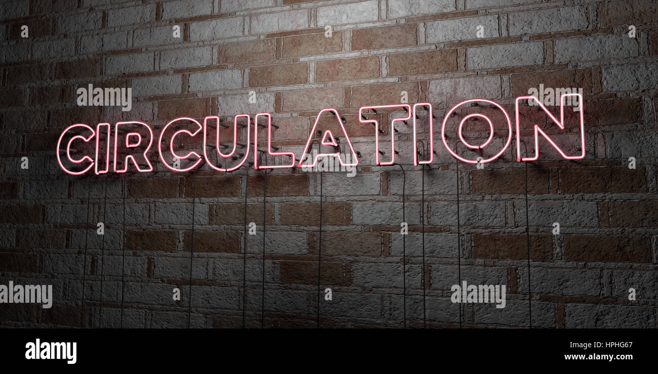 CIRCULATION - Glowing Neon Sign on stonework wall - 3D rendered royalty ...