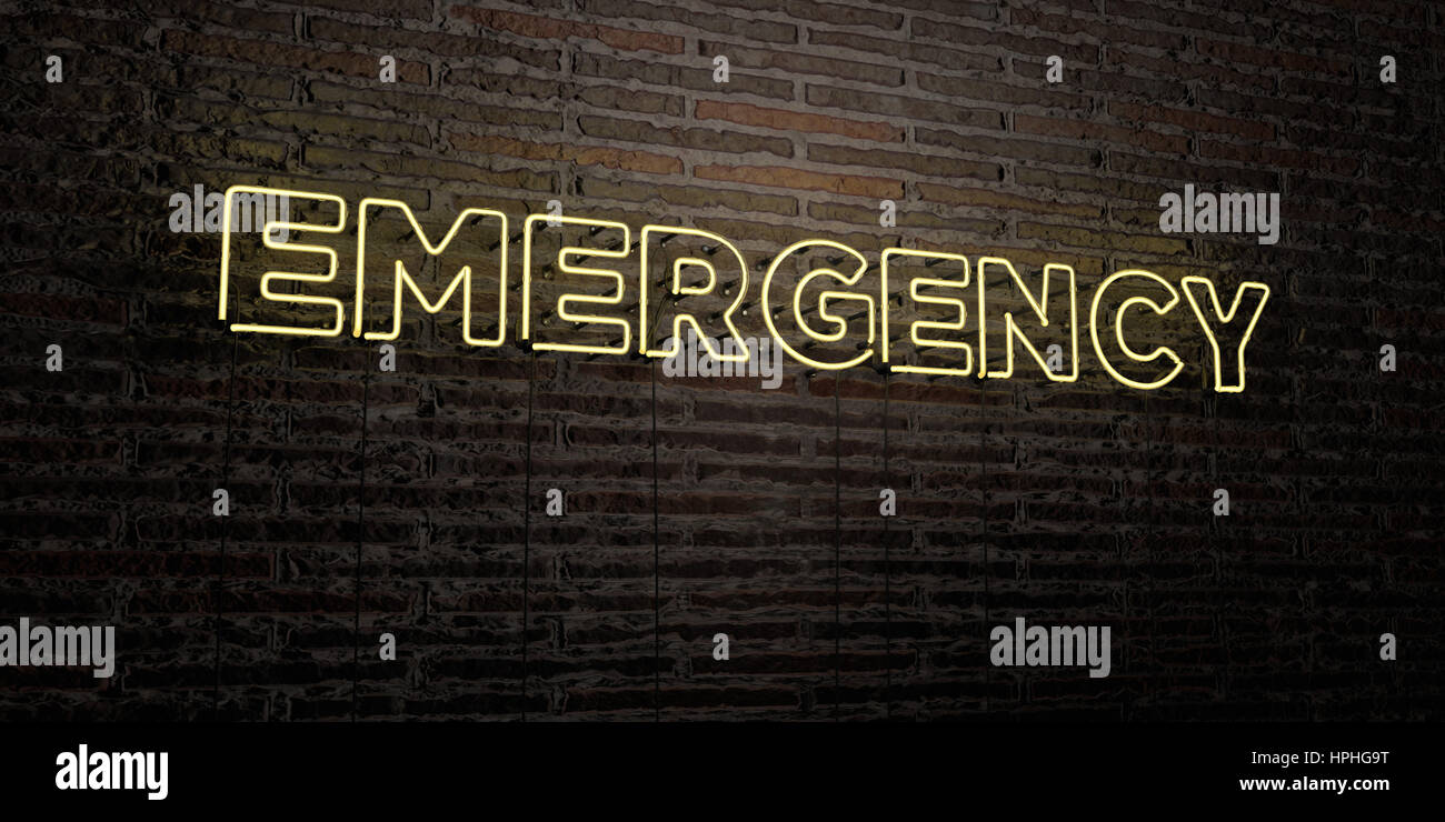 EMERGENCY -Realistic Neon Sign on Brick Wall background - 3D rendered ...
