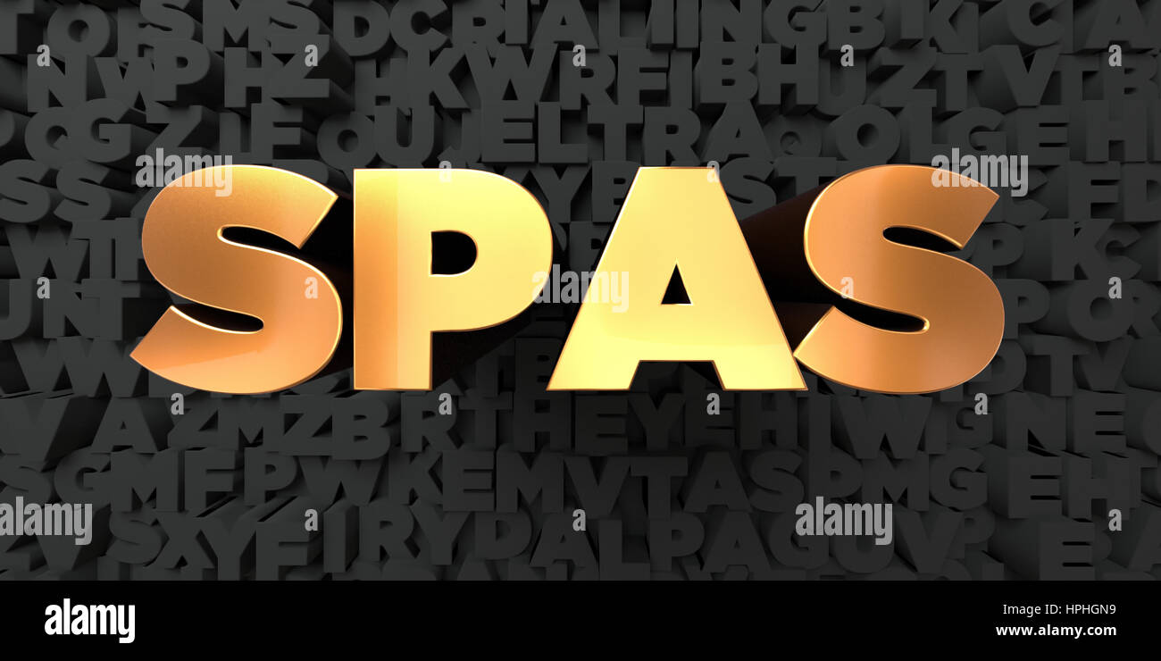 Spas - Gold text on black background - 3D rendered royalty free stock ...