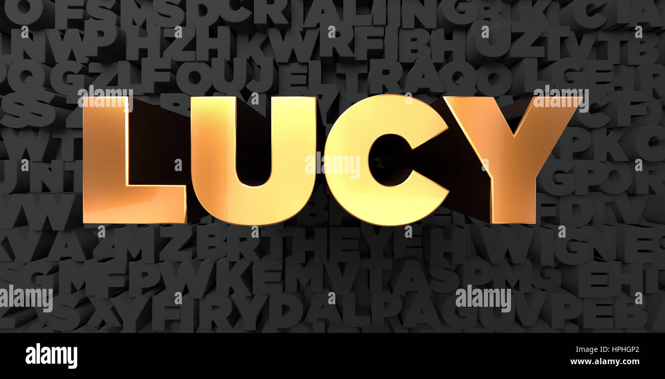 Lucy - Gold text on black background - 3D rendered royalty free stock ...