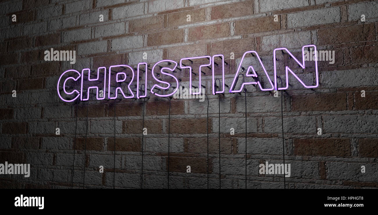 CHRISTIAN - Glowing Neon Sign on stonework wall - 3D rendered royalty ...