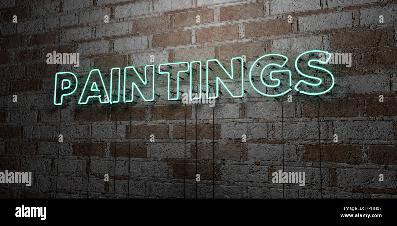 PAINTINGS - Glowing Neon Sign on stonework wall - 3D rendered royalty ...