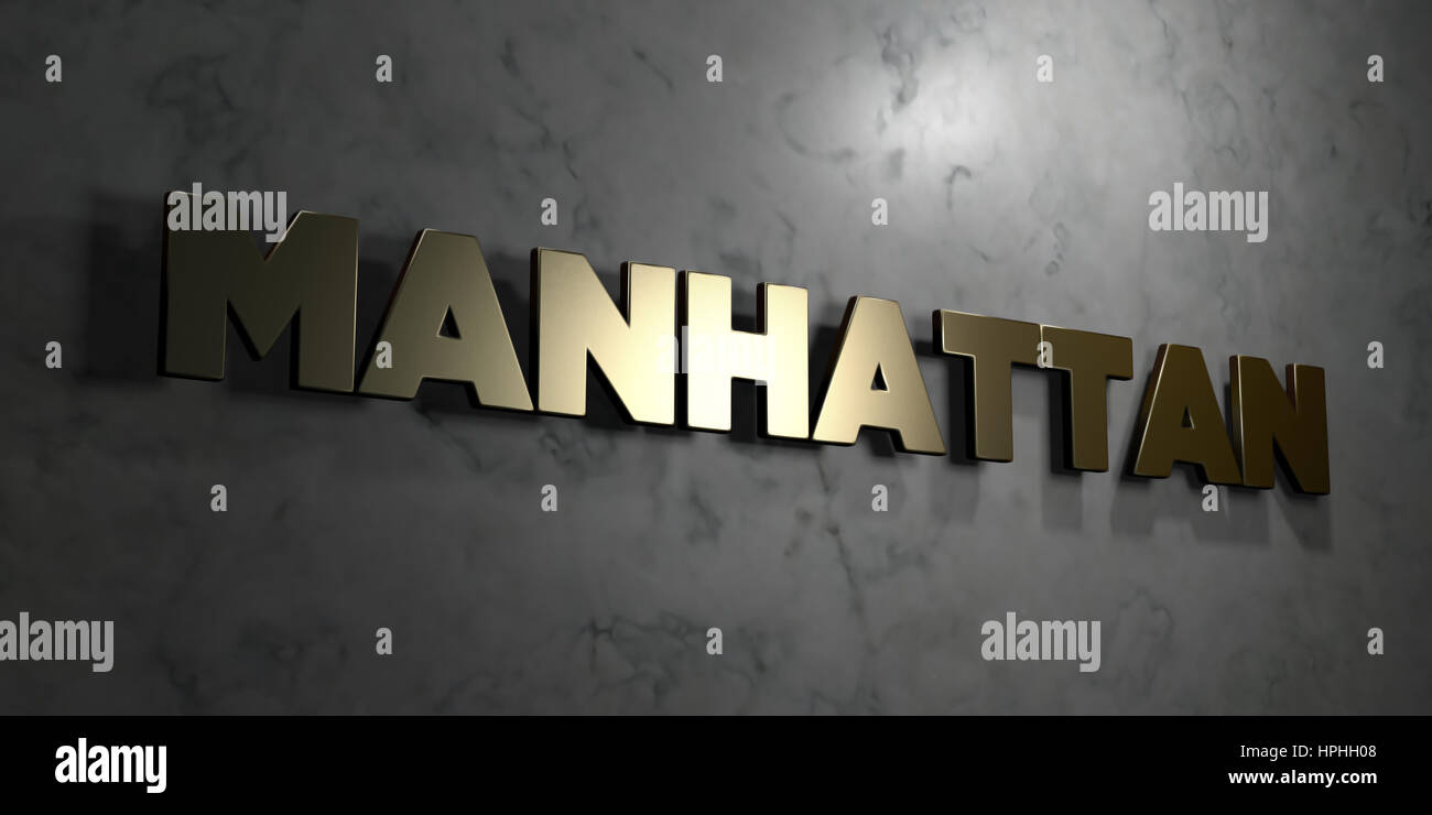 Manhattan - Gold text on black background - 3D rendered royalty free ...