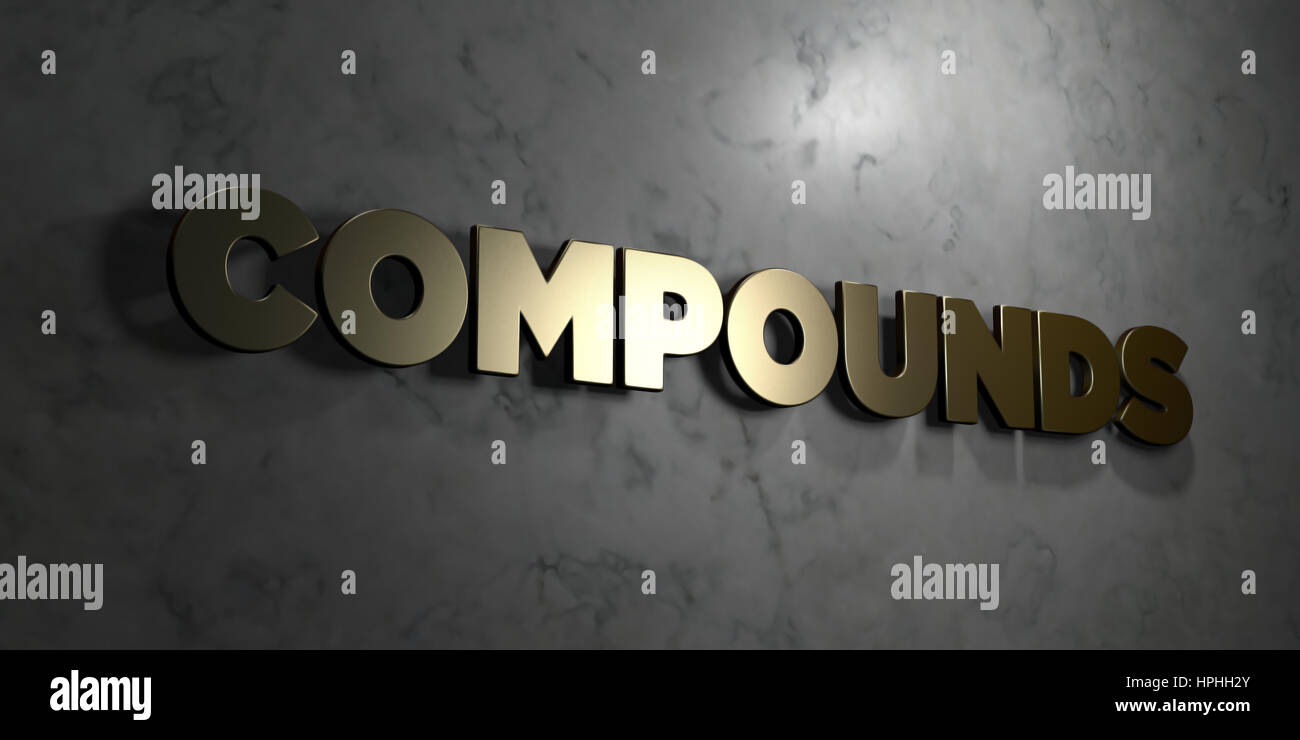 Compounds - Gold text on black background - 3D rendered royalty free ...